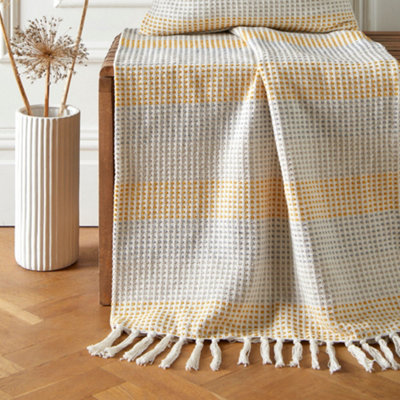 Reva 100% Cotton Mustard Woven Striped With Tasselled Edged Throw