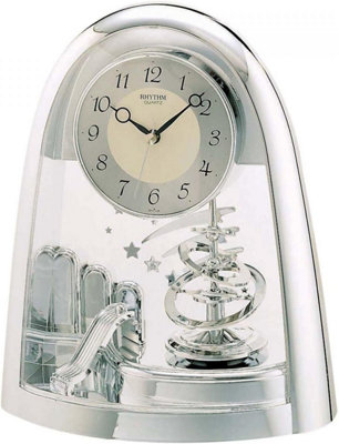RHYTHM MANTEL CLOCK ARCHED TOP/SPIRAL PENDULUM SILVER - 4SG607WS19
