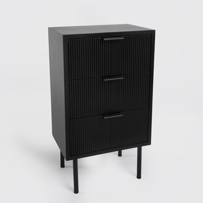 Ribbed Bedside Table Modern Bedroom 3 Draw Office Nightstand, Black
