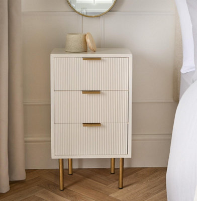 Ribbed Bedside Table Modern Bedroom 3 Draw Office Nightstand, Cream
