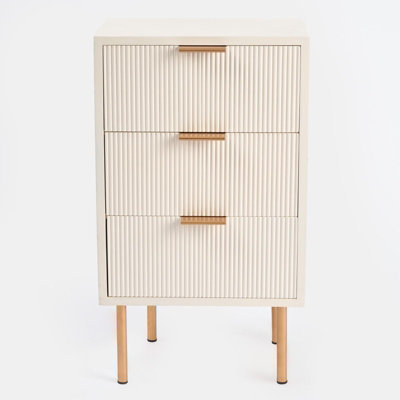 Ribbed Bedside Table Modern Bedroom 3 Draw Office Nightstand, Cream