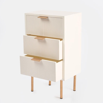 Ribbed Bedside Table Modern Bedroom 3 Draw Office Nightstand, Cream