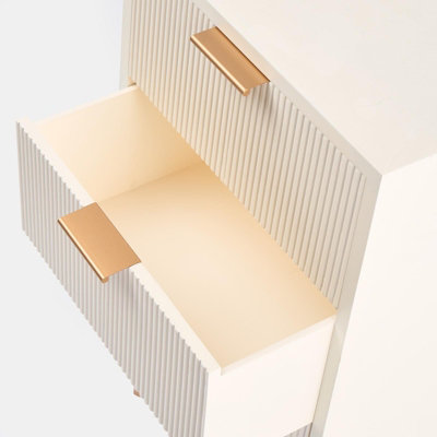 Ribbed Bedside Table Modern Bedroom 3 Draw Office Nightstand, Cream