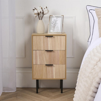 Ribbed Bedside Table Modern Bedroom 3 Draw Office Nightstand, Natural