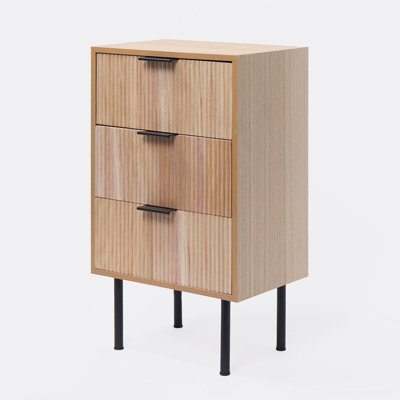Ribbed Bedside Table Modern Bedroom 3 Draw Office Nightstand, Natural