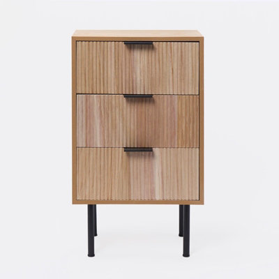 Ribbed Bedside Table Modern Bedroom 3 Draw Office Nightstand, Natural