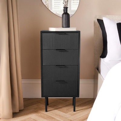 Ribbed Bedside Table Modern Bedroom 4 Draw Office Nightstand, Black