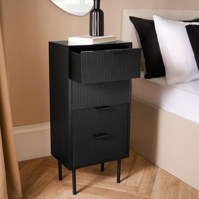 Ribbed Bedside Table Modern Bedroom 4 Draw Office Nightstand, Black