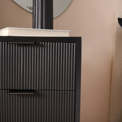 Ribbed Bedside Table Modern Bedroom 4 Draw Office Nightstand, Black
