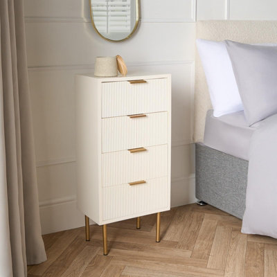 RIBBED BEDSIDE TABLE MODERN BEDROOM 4 DRAW OFFICE NIGHTSTAND, CREAM