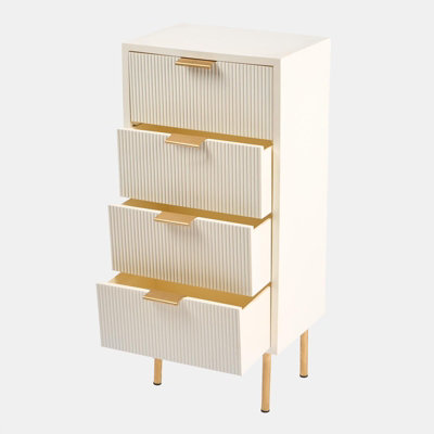 Ribbed Bedside Table Modern Bedroom 4 Draw Office Nightstand, Cream