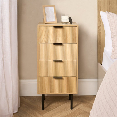 Ribbed Bedside Table Modern Bedroom 4 Draw Office Nightstand, Natural