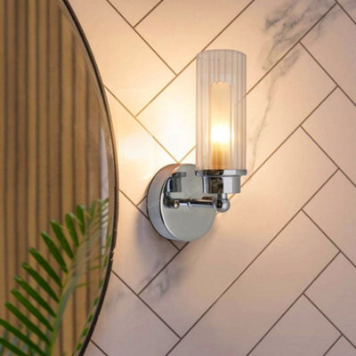 Ribbed Glass Single Wall Light Polished Chrome Slim Side IP44 H3136