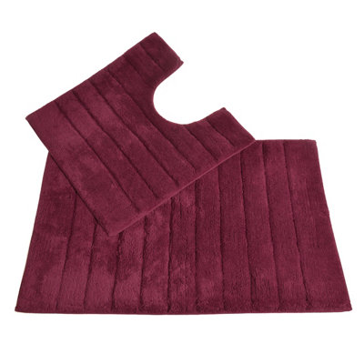 Ribbed Two Piece Bath Mat & Toilet Mat Set - Beetroot
