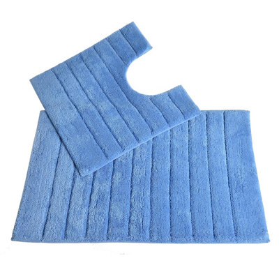 Ribbed Two Piece Bath Mat & Toilet Mat Set - Cornish Blue