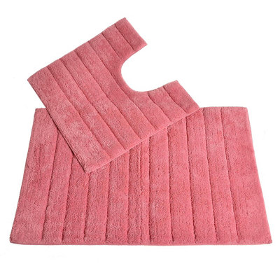 Ribbed Two Piece Bath Mat & Toilet Mat Set - Rose Pink