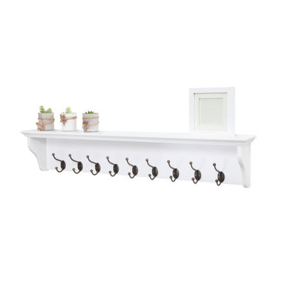 Richmond White Wooden Wall Mounted Coat Rack - 9 Hooks, Shelf, Hallway ...