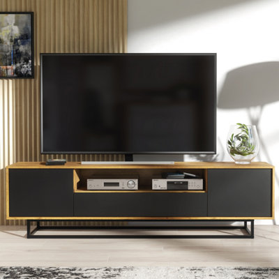 Rift Loft TV Unit 200cm Industrial Dark Oak Black Matt Doors Creative Furniture