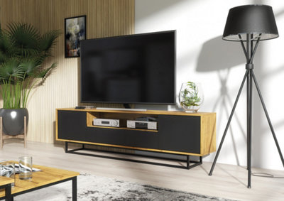 Rift Loft TV Unit 200cm Industrial Dark Oak & Black Matt Doors ...