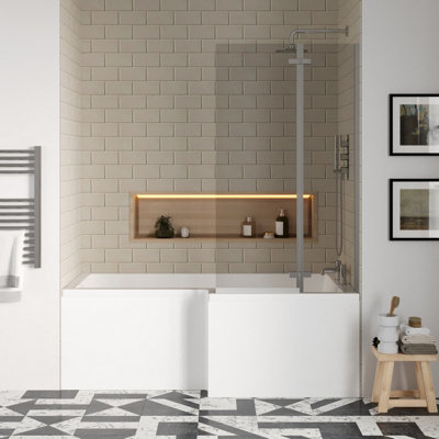 Right Hand L Shape Bathtub, Front Panel and Bath Screen - Chrome Profile
