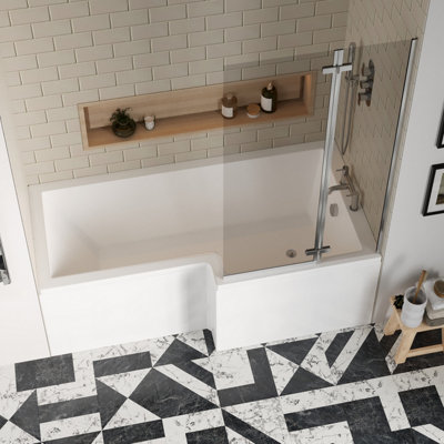 Right Hand L Shape Bathtub, Front Panel and Bath Screen - Chrome Profile