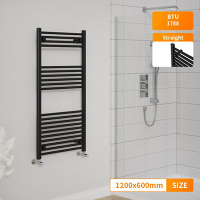 Right Radiators 1200x600 mm Straight Heated Towel Rail Radiator Bathroom Ladder Warmer Black ...