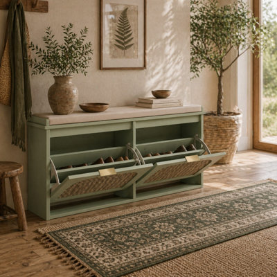 Rika Light Green Boho Shoe Bench with Cushioned Seat and 2 Flip Drawers ...