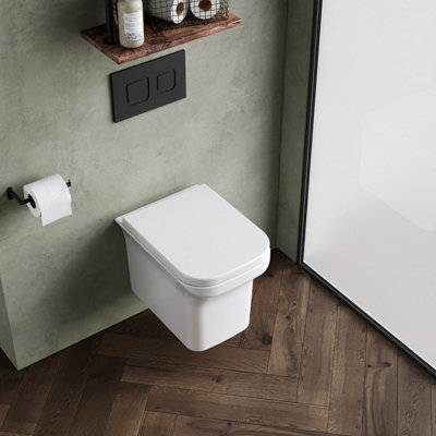 Rimless Wall Hung Square Toilet Pan & Soft Close Seat - 390mm x 340mm x ...