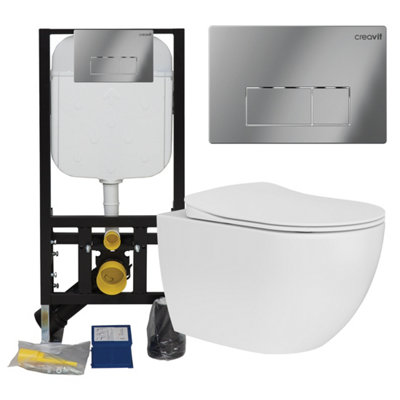 Rimless Wall Hung Toilet Pan & Concealed Cistern Chrome Square Button ...