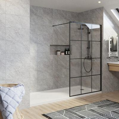 Rinse 1200mm Walkin Shower Enclosure 8mm Easy Clean Black Grid Glass ...