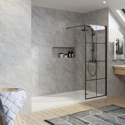Rinse 700mm Walkin Shower Enclosure 8mm Easy Clean Black Grid Glass ...