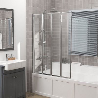 Rinse 850x1400mm Bathroom 4 Folding Panel Bath Shower Screen 4mm Self Clear Glass Pivot Door ...
