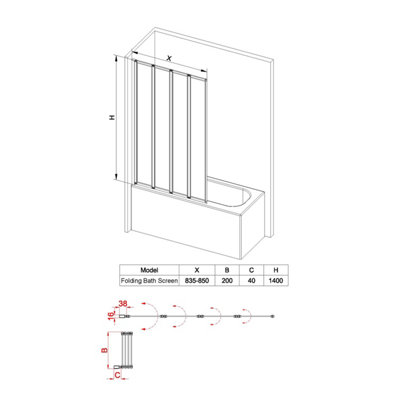 Rinse 850x1400mm Bathroom 4 Folding Panel Bath Shower Screen 4mm Self Clear Glass Pivot Door ...