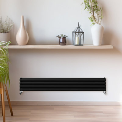 Rinse Bathrooms 236x1600mm Black Horizontal Radiator Double Column Oval ...