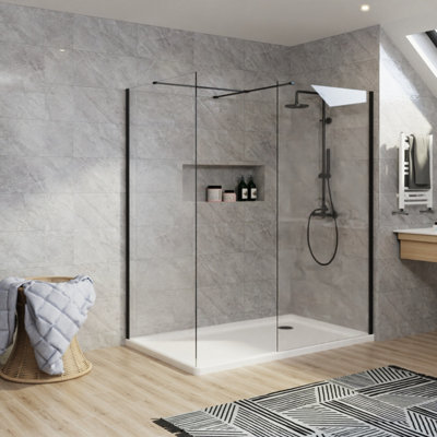 Rinse Walk in Shower Enclosure 8mm Clear Easy Clean Glass Wet Room Cubicles 900mm Front Panel+ ...