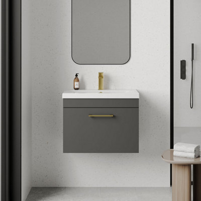 Rio 1 Drawer Bathroom Wall Hung Vanity Basin Unit - 600mm - Brushed ...