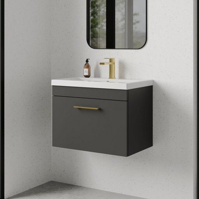 Rio 1 Drawer Bathroom Wall Hung Vanity Basin Unit - 600mm - Brushed ...