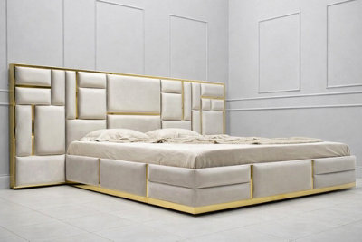 Rio Multi Panel Luxury Velvet Bed Frame With Gold Mirror Finish Inlays