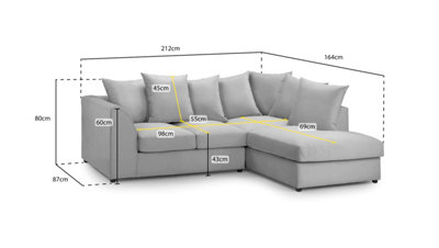 Rivoli L Shape Corner Sofa in Grey Jumbo Cord - Left Hand Facing Chaise