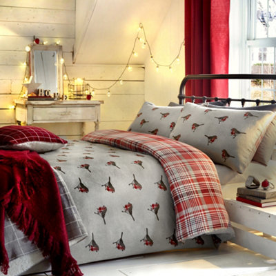 Robin 100% Brushed Cotton Winter Print Red Duvet Cover Set
