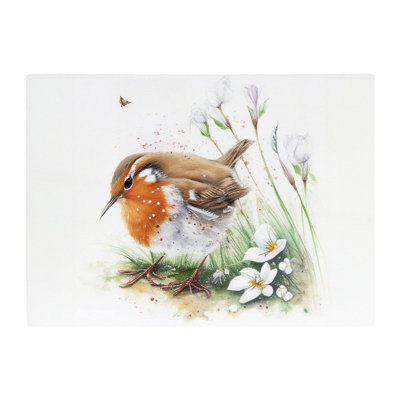 ROBIN AND DAISIES WATERCOLOUR GLASS CHOPPING BOARD
