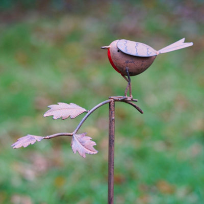 Robin on Branch Metal Garden Ornament British Bird Statue Stake Outdoor ...