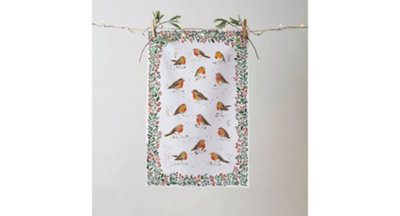 Robins & Berry Border Festive Graphic Print 100% Cotton Tea Towel | DIY ...