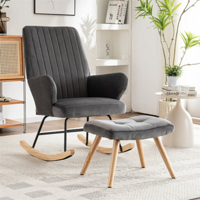Rocking Chair Armchair with Footstool, High Back Accent Chair Relax Lounge Leisure Chair, Grey