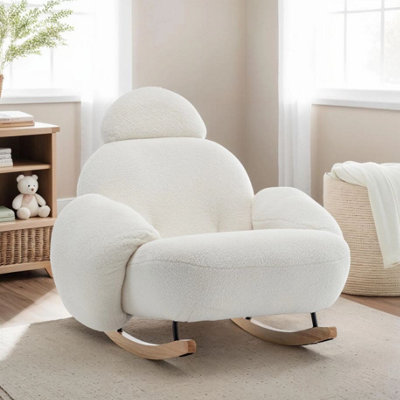 Rocking Chair for Nursery Room in White Teddy Boucle Fabric