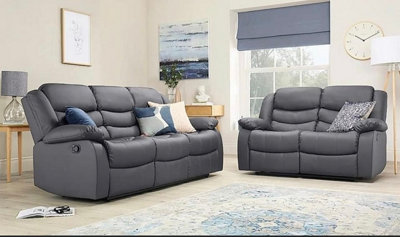 Roma Leather Recliner 3 2 Seater Sofa Set Grey