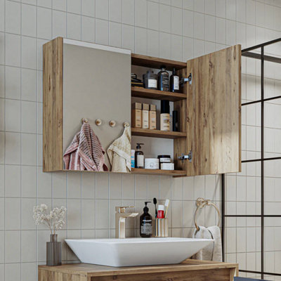Roomart Atlantic Mirrored Bathroom Cabinet Wall Mounted Oak Finish 80cm ...
