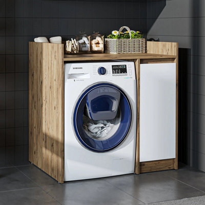 Roomart Derin Washing Machine Cabinet with Side Cupboard White and Oak ...