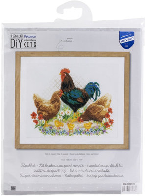 ROOSTER AND CHICKENS - Counted Cross Stitch Kit: Rooster and Chickens ...