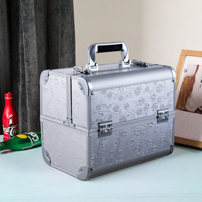 Rose Pattern Portable Lockable 4 Trays Beauty Salon Makeup Case